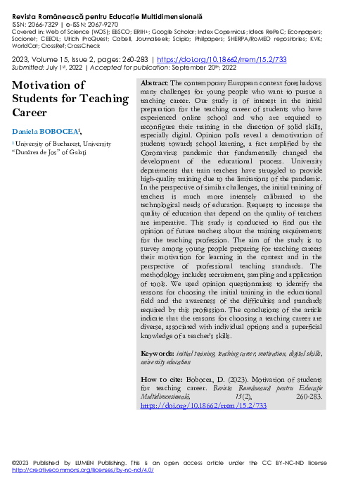(PDF) Motivation of Students for Teaching Career