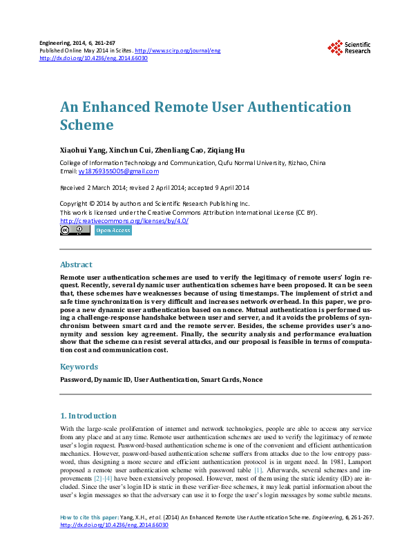 Pdf An Enhanced Remote User Authentication Scheme
