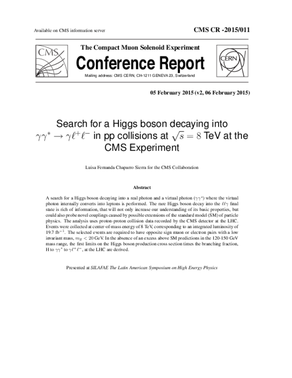 (PDF) Search for a Higgs Boson decaying to γγ⁎→γℓ+ℓ− in pp collision at ...