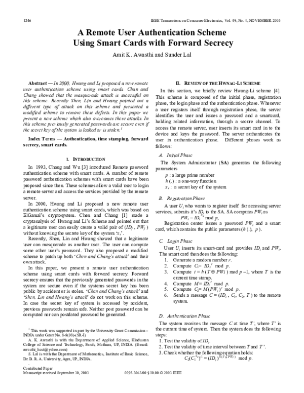 Pdf A Remote User Authentication Scheme Using Smart Cards With Forward Secrecy Amit K