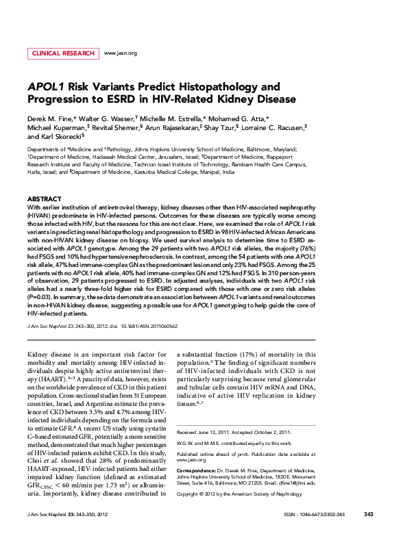 (PDF) APOL1 Risk Variants Predict Histopathology and Progression to ...