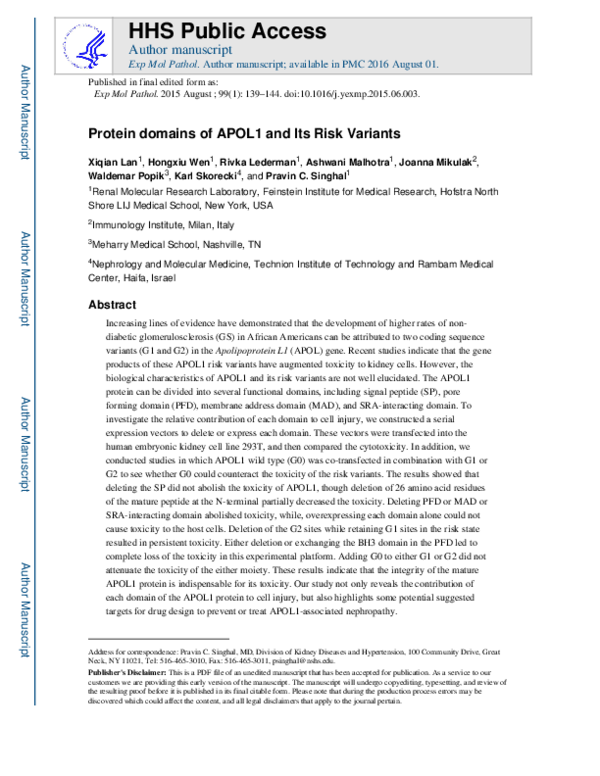 (PDF) Protein domains of APOL1 and its risk variants