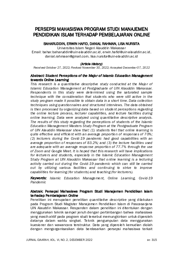 (PDF) Persepsi Mahasiswa Program Studi Magister Manajemen Pendidikan Islam Terhadap Pembelajaran ...