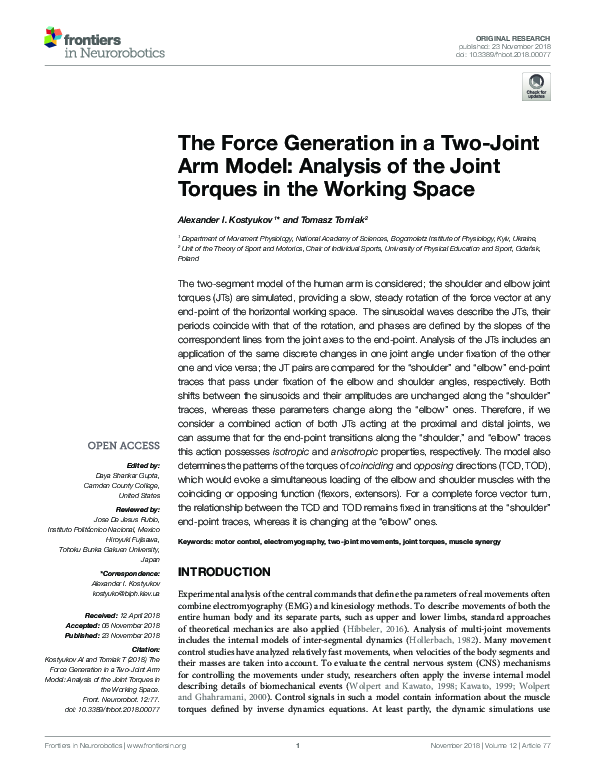 (PDF) The Force Generation in a Two-Joint Arm Model: Analysis of the ...