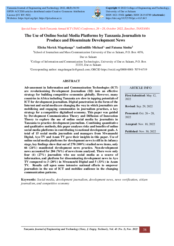 (PDF) The Use of Online Social Media Platforms by Tanzania Journalists to Produce and ...
