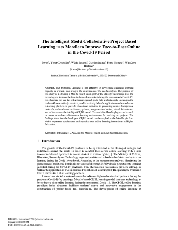 (PDF) The Intelligent Model Collaborative Project Based Learning uses Moodle to Improve Face-to ...