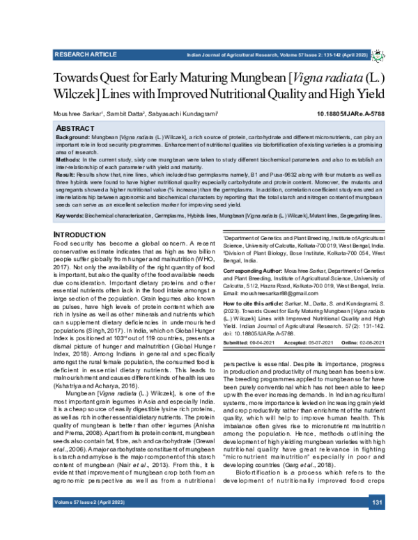(PDF) Towards Quest for Early Maturing Mungbean [Vigna radiata (L ...