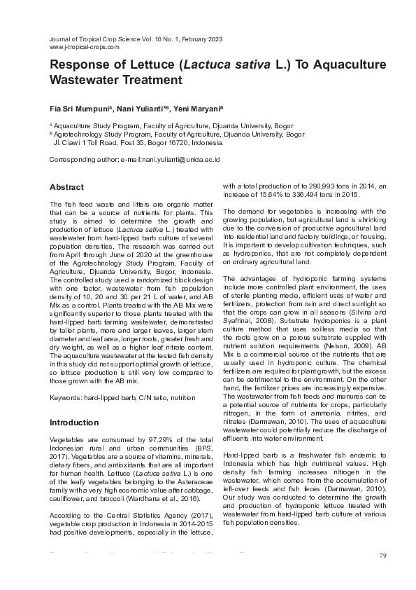(PDF) Response of Lettuce (Lactuca sativa L.) To Aquaculture Wastewater Treatment