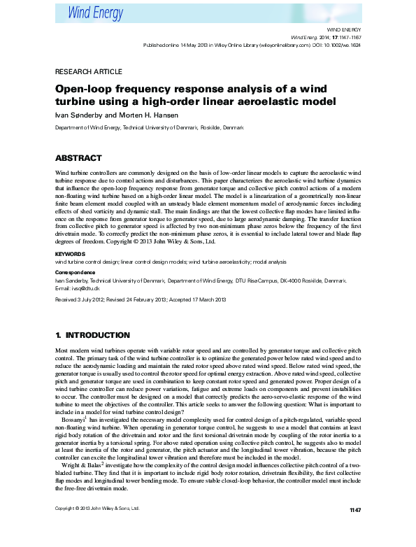 Pdf Open Loop Frequency Response Analysis Of A Wind Turbine Using A High Order Linear