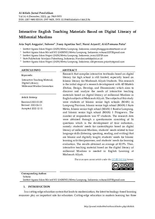 (PDF) Interactive English Teaching Materials Based on Digital Literacy of Millennial Muslims