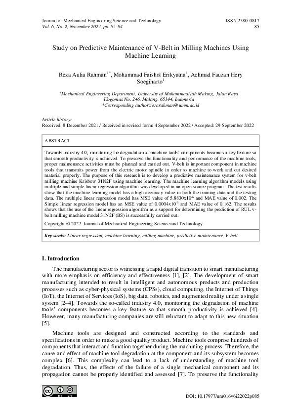 (PDF) Study on Predictive Maintenance of V-Belt in Milling Machines Using Machine Learning