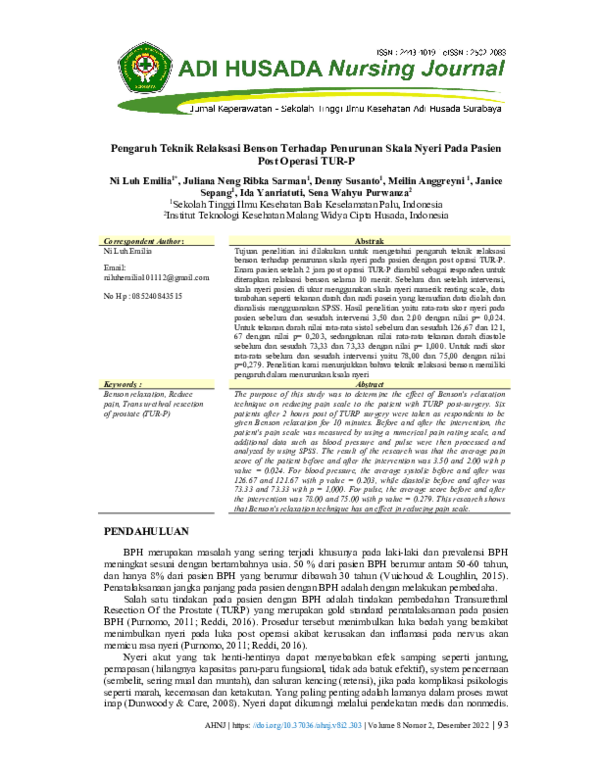 (PDF) Pengaruh Teknik Relaksasi Benson Terhadap Penurunan Skala Nyeri Pada Pasien Post Operasi TUR-P