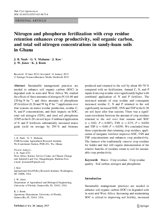 (PDF) Nitrogen and phosphorus fertilization with crop residue retention enhances crop ...