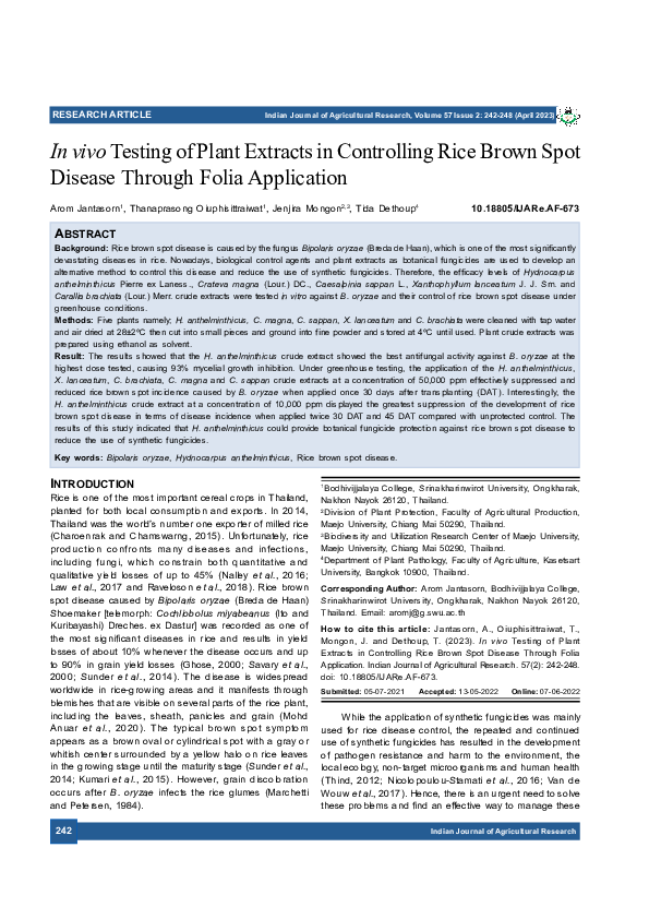 (PDF) In vivo Testing of Plant Extracts in Controlling Rice Brown Spot ...