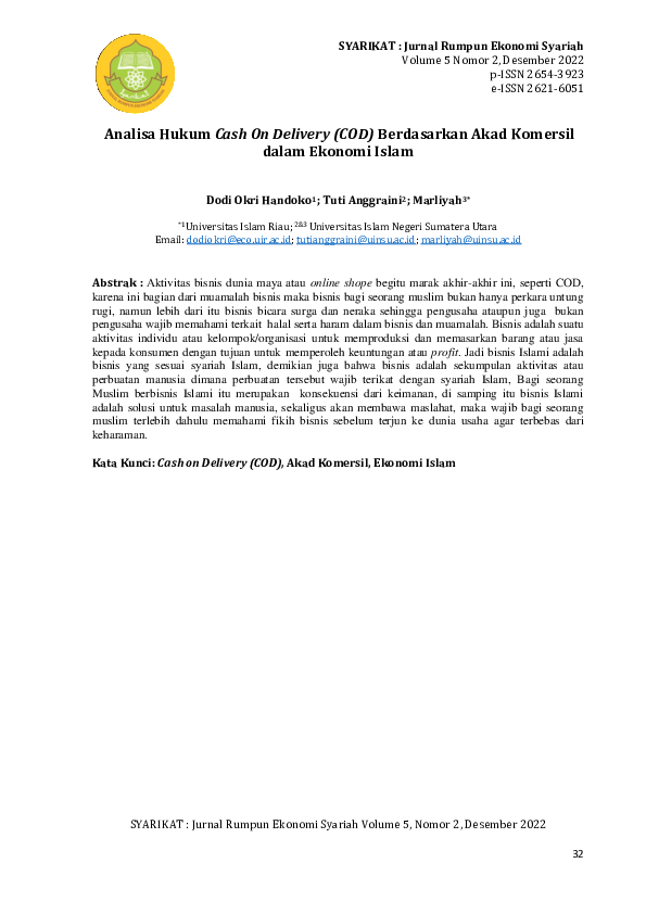 (PDF) Analisa Hukum Cash On Delivery (COD) Berdasarkan Akad Komersil dalam Ekonomi Islam