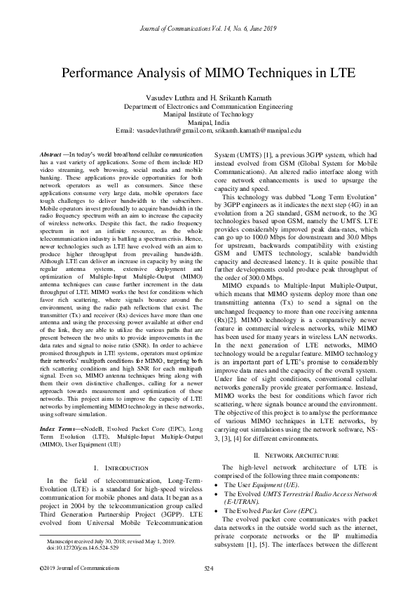(PDF) Performance Analysis of MIMO Techniques in LTE