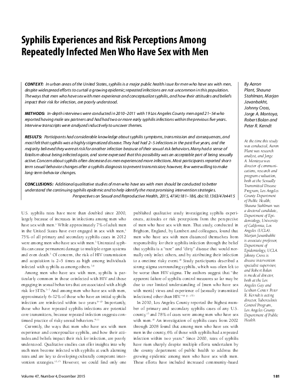 Pdf Syphilis Experiences And Risk Perceptions Among Repeatedly