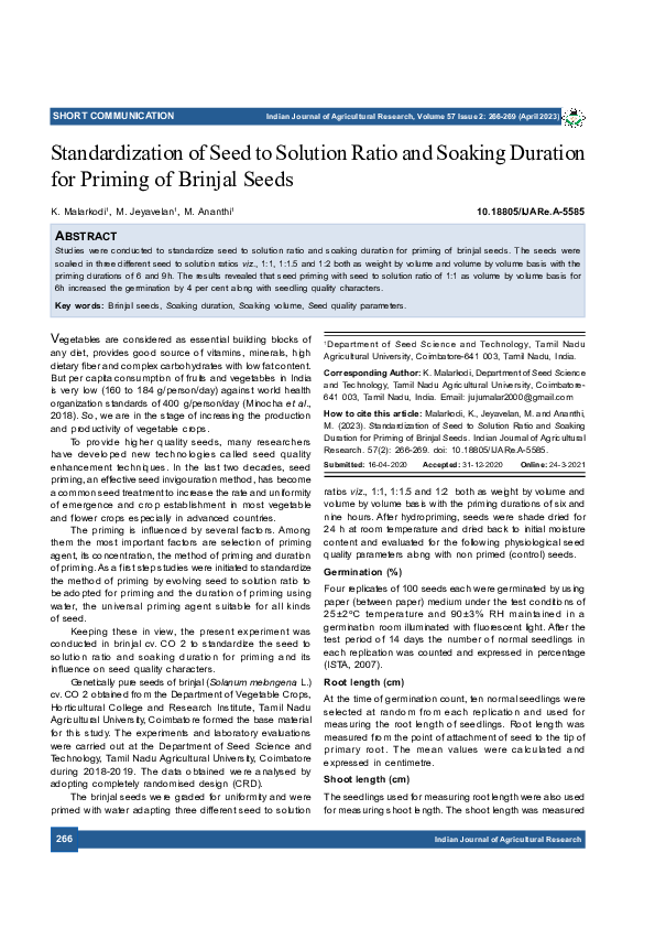 (PDF) Standardization of Seed to Solution Ratio and Soaking Duration ...