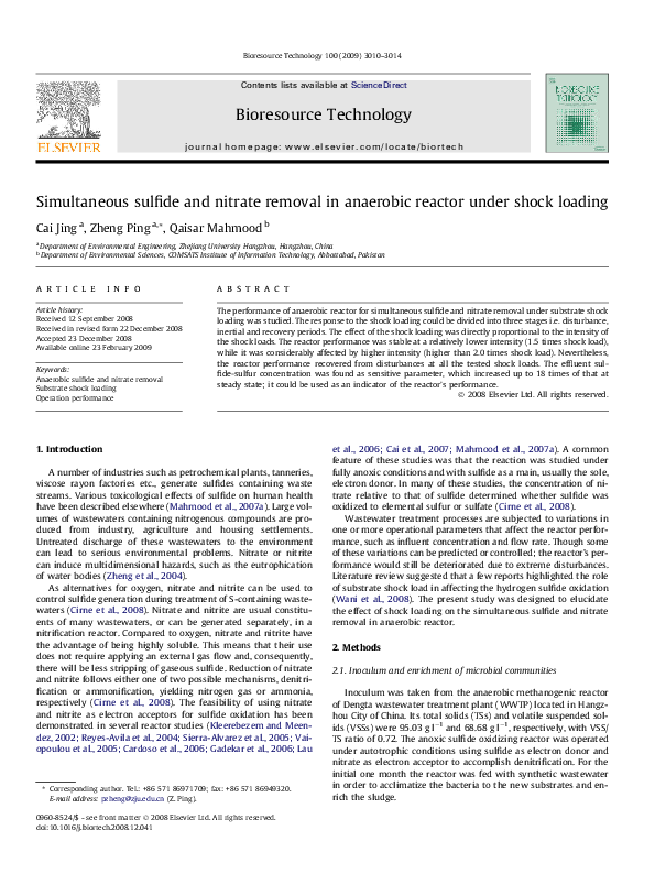 (PDF) Simultaneous sulfide and nitrate removal in anaerobic reactor ...