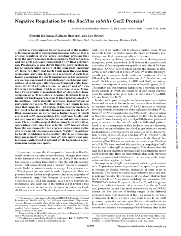 (PDF) Negative Regulation by the Bacillus subtilis GerE Protein