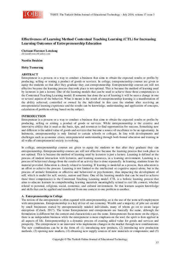 (PDF) Effectiveness of Learning Method Contextual Teaching Learning (CTL) for Increasing ...