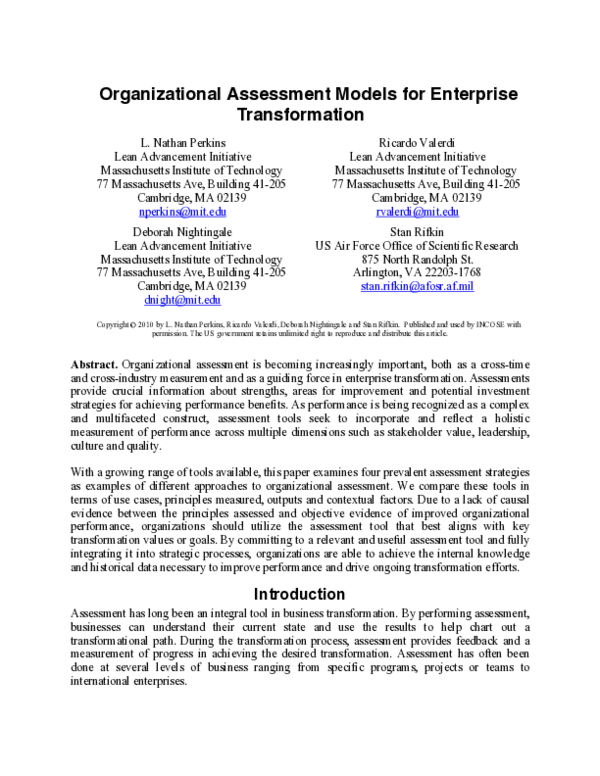 (PDF) Organizational Assessment Models for Enterprise Transformation