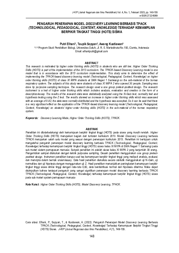 (PDF) PENGARUH PENERAPAN MODEL DISCOVERY LEARNING BERBASIS TPACK (Technological, Pedagogical ...