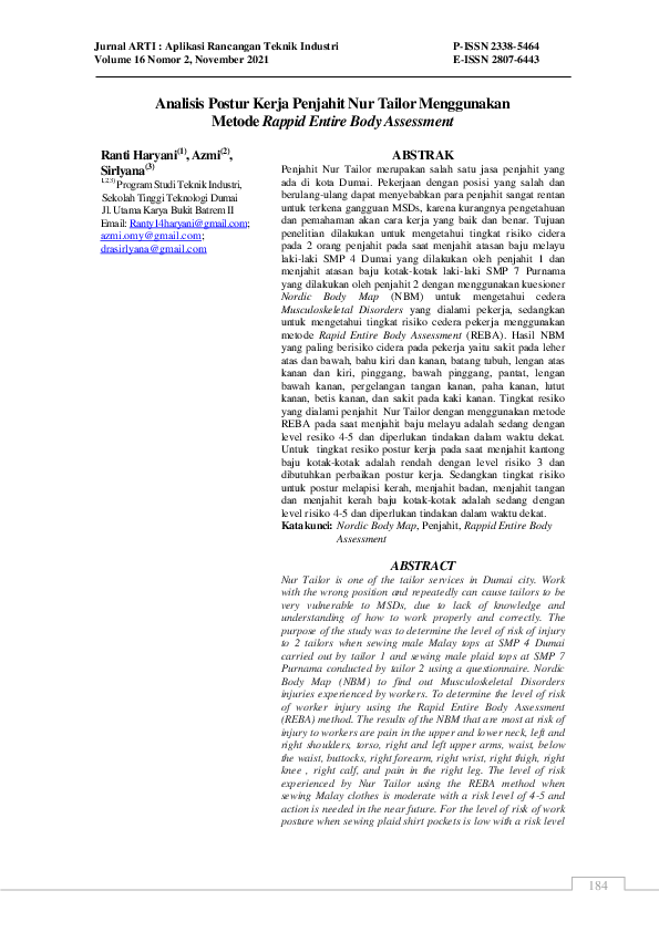 (PDF) Analisis Postur Kerja Penjahit Nur Tailor Menggunakan Metode ...