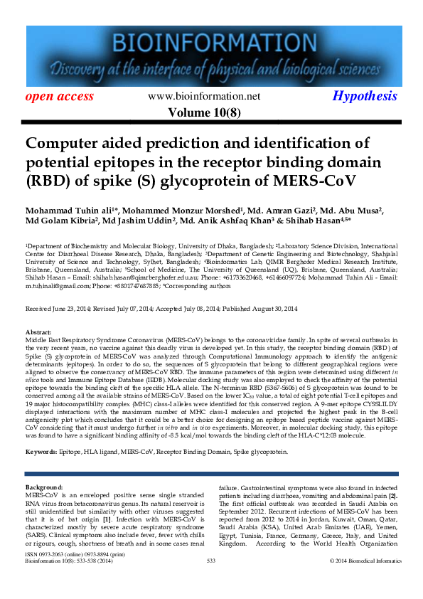 (PDF) Predicting Epitopes in MERS-CoV Spike Protein