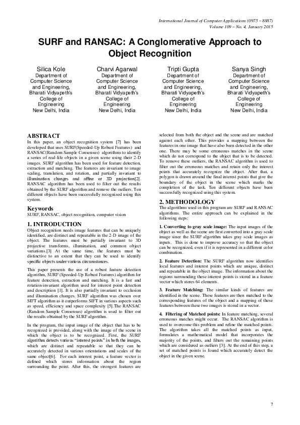 (PDF) SURF and RANSAC: A Conglomerative Approach to Object Recognition | Sanya Singh - Academia.edu