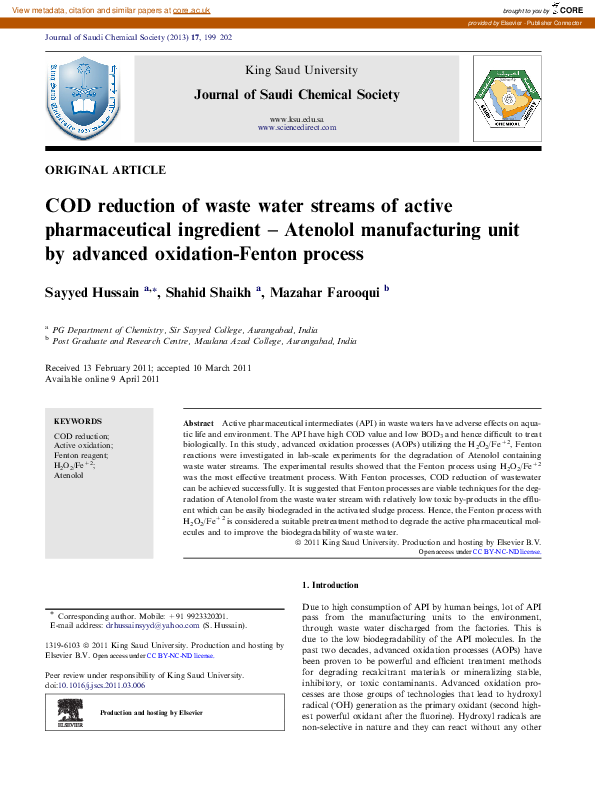 (PDF) COD reduction of waste water streams of active pharmaceutical ...
