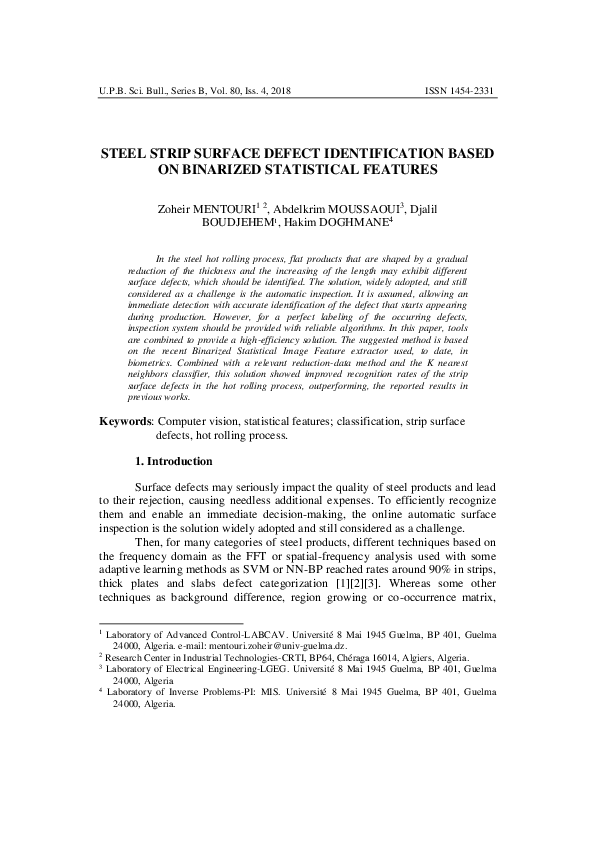 Pdf Steel Strip Surface Defect Identification Based On Binarized Statistical Features