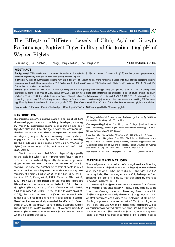 (PDF) The Effects of Different Levels of Citric Acid on Growth ...