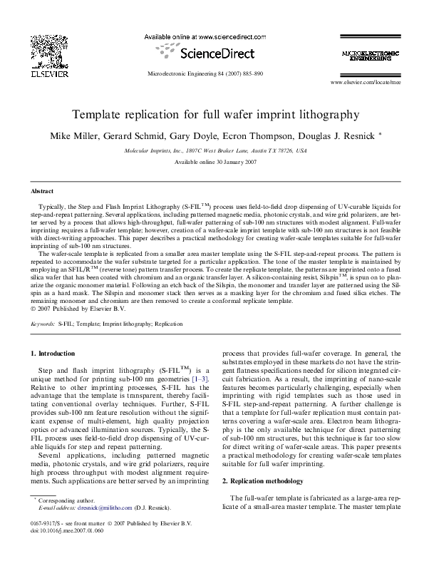(PDF) Template replication for full wafer imprint lithography