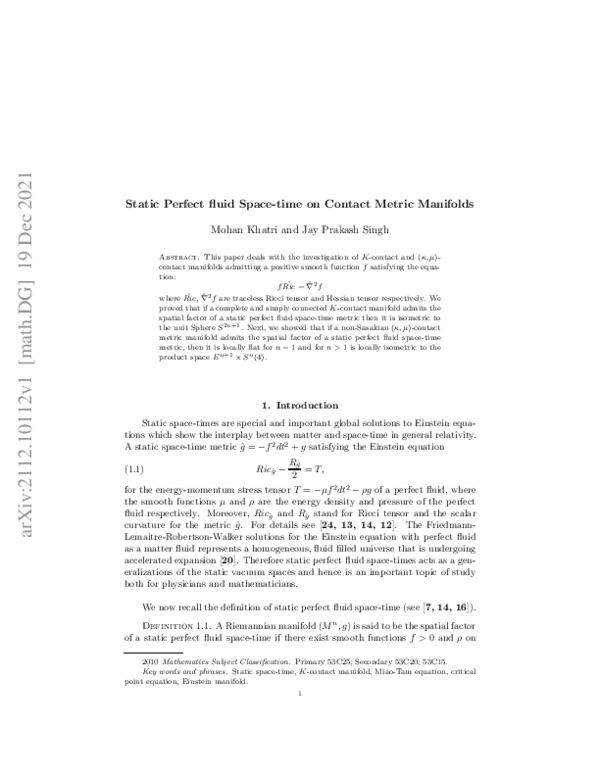 (PDF) Static perfect fluid space-time on contact metric manifolds