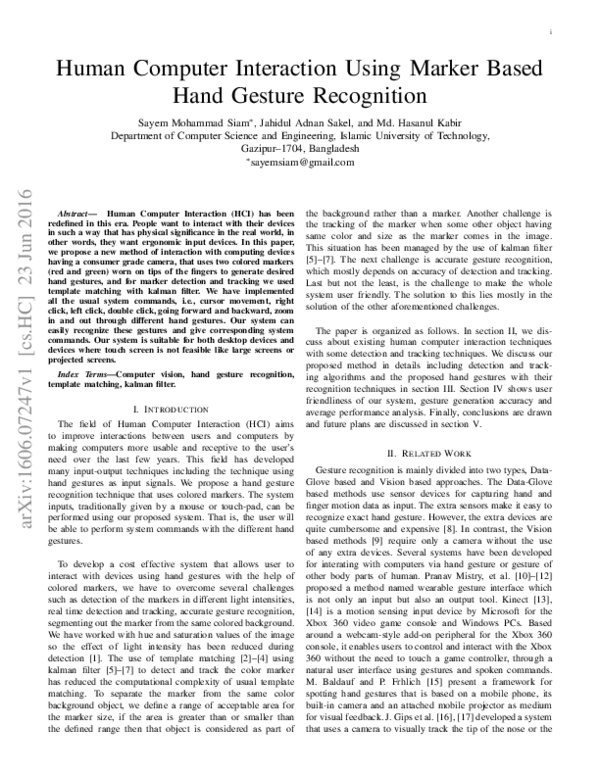 (PDF) Human Computer Interaction Using Marker Based Hand Gesture Recognition