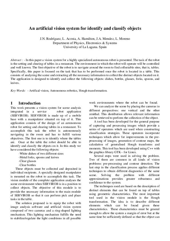 (PDF) An artificial vision system for identify and classify objects