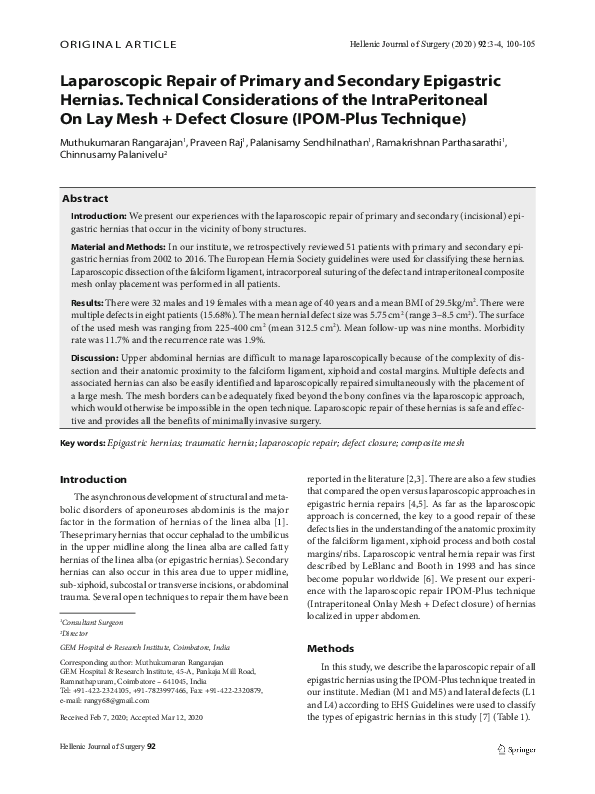(PDF) Laparoscopic Repair of Primary and Secondary Epigastric Hernias ...