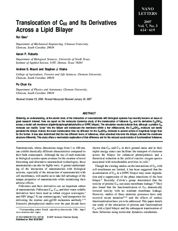 (PDF) Translocation of C60 and Its Derivatives Across a Lipid Bilayer