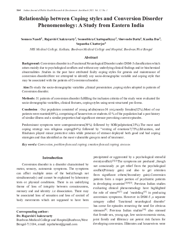 (PDF) Relationship between Coping styles and Conversion Disorder Phenomenology: A Study from ...