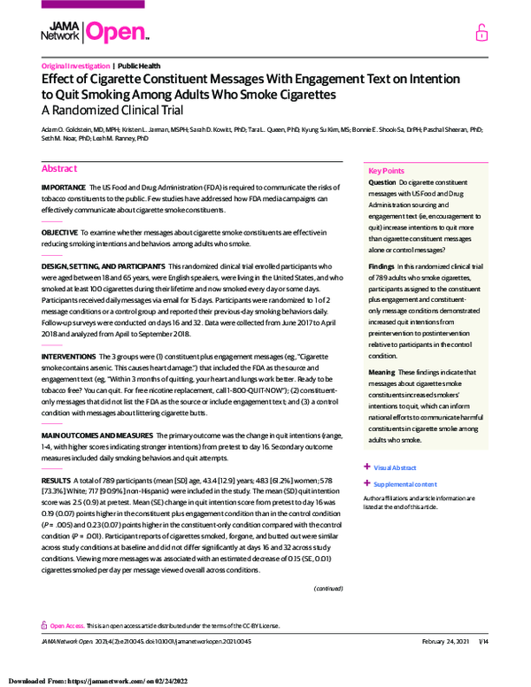 (PDF) Effect of Cigarette Constituent Messages With Engagement Text on ...