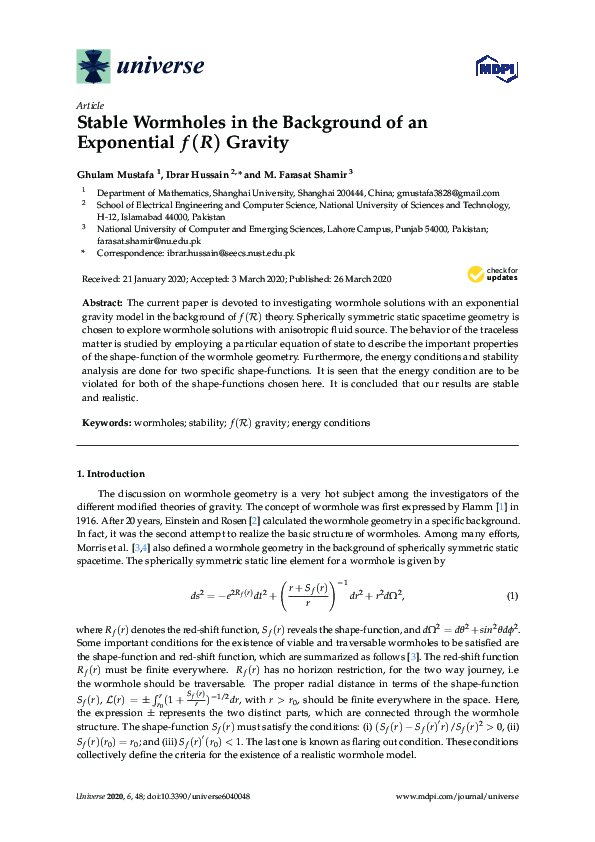 (PDF) Stable Wormholes in the Background of an Exponential f(R) Gravity