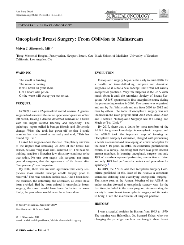 (PDF) Oncoplastic Breast Surgery: From Oblivion to Mainstream