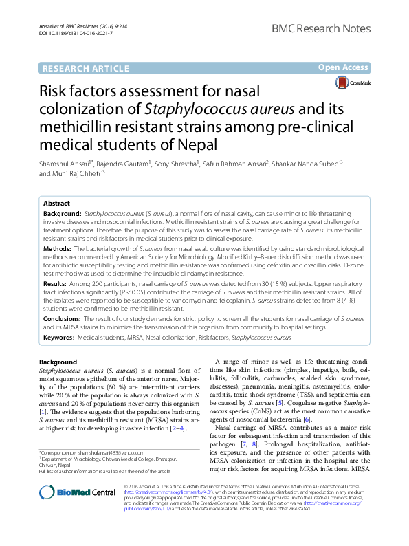 (PDF) Risk factors assessment for nasal colonization of Staphylococcus aureus and its ...