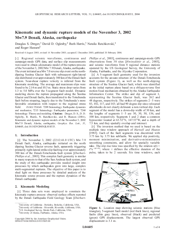 (PDF) Kinematic and dynamic rupture models of the November 3, 2002 Mw7 ...