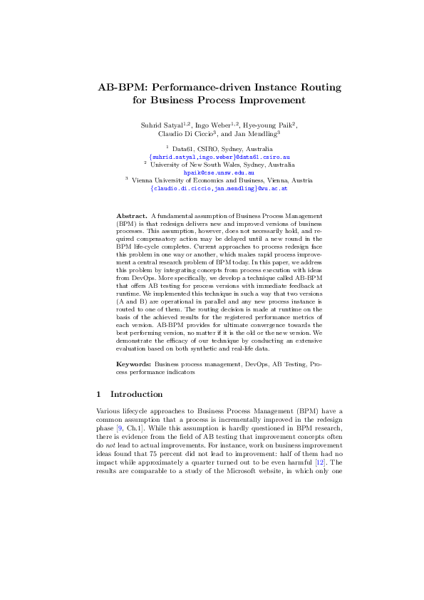 (PDF) AB-BPM: Performance-Driven Instance Routing for Business Process Improvement