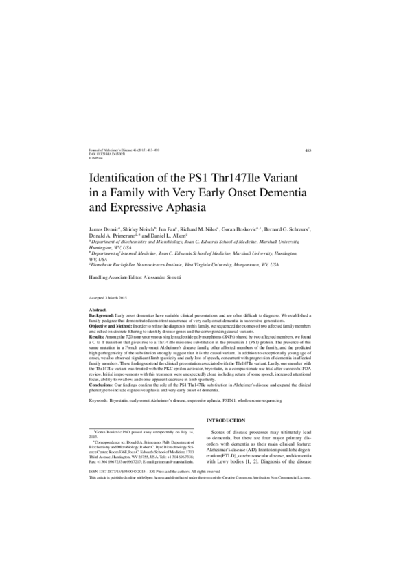 (PDF) Identification of the PS1 Thr147Ile Variant in a Family with Very ...