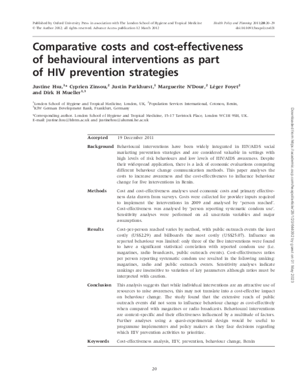 (PDF) Comparative costs and cost-effectiveness of behavioural ...