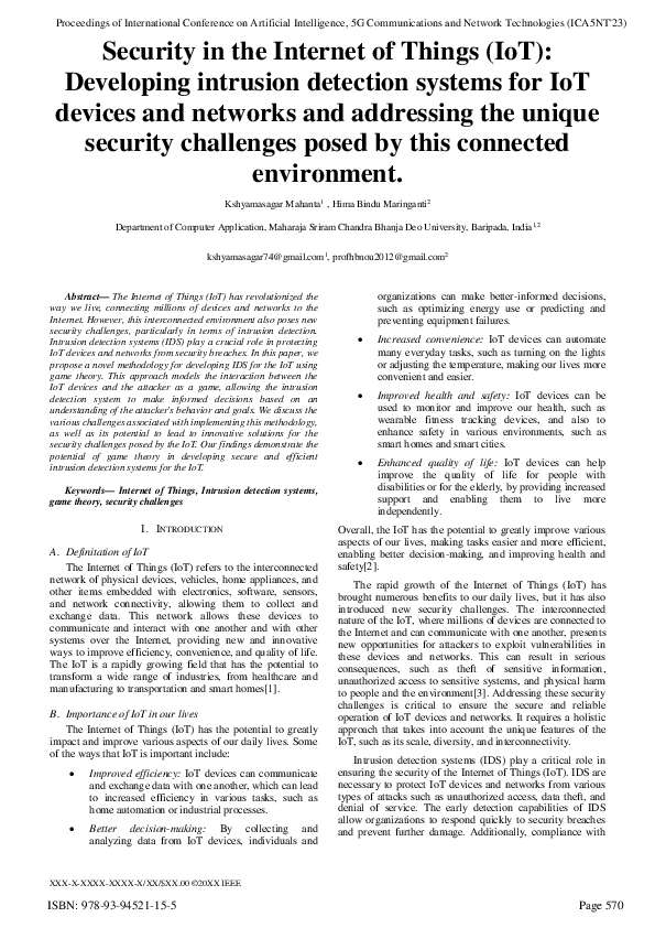 (PDF) Security in the Internet of Things (IoT): Developing intrusion detection systems for IoT ...