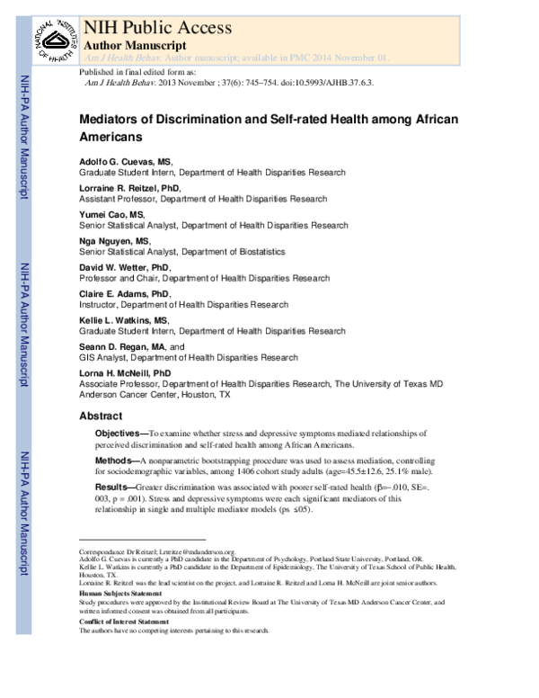(PDF) Mediators of Discrimination and Self-rated Health among African ...